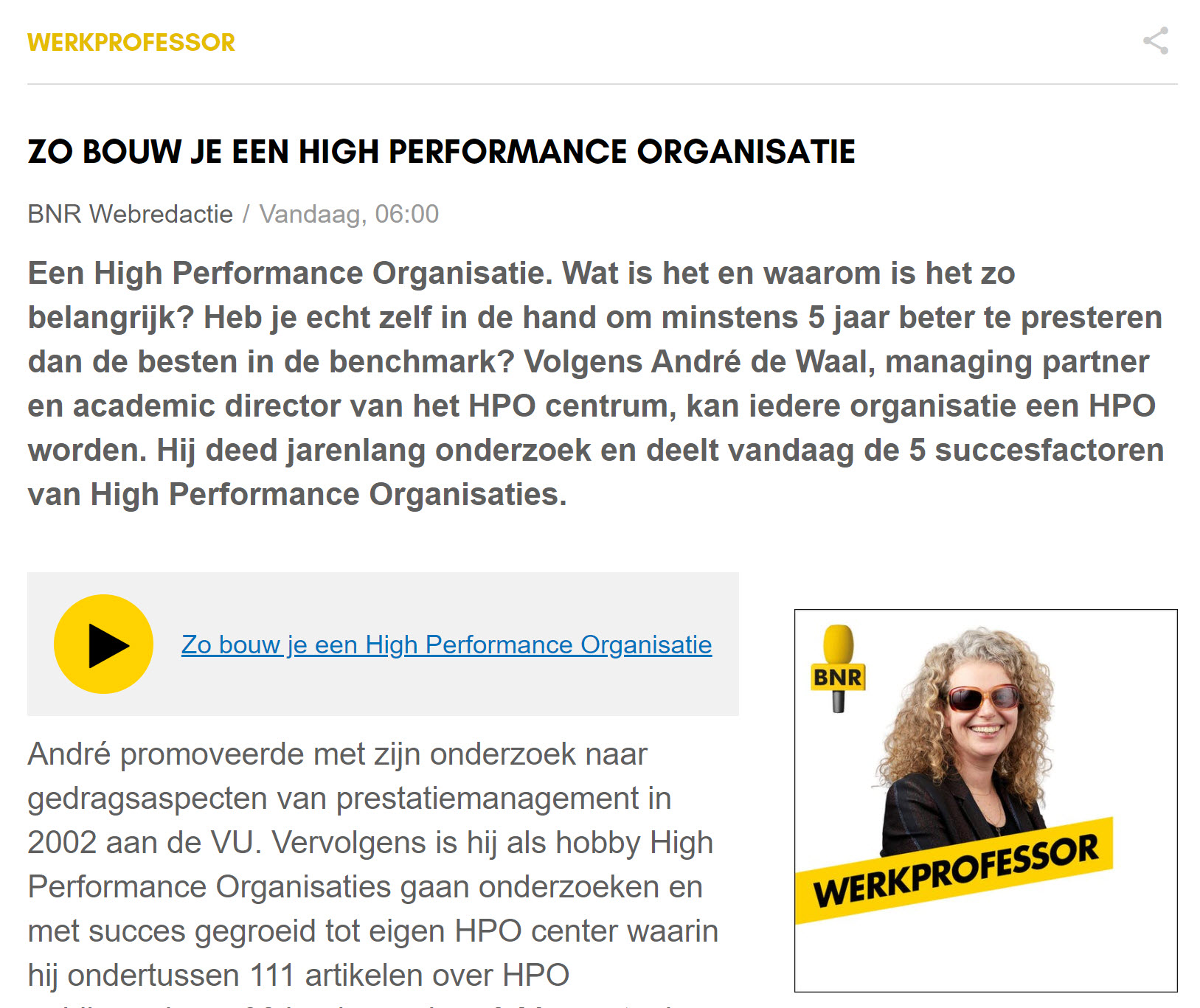 BNR PODCAST: ZO BOUW JE EEN HIGH PERFORMANCE ORGANISATIE - HPO Center